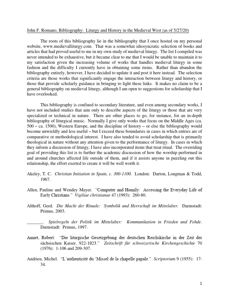 Bibliography - Liturgy and History in The Medieval West. John F. Romano ...