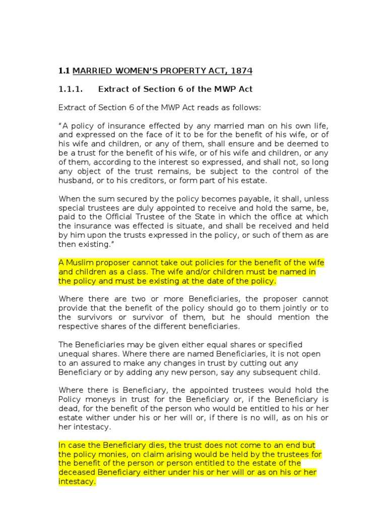 Revised Note On MWP Act | PDF | Trust Law | Life Insurance