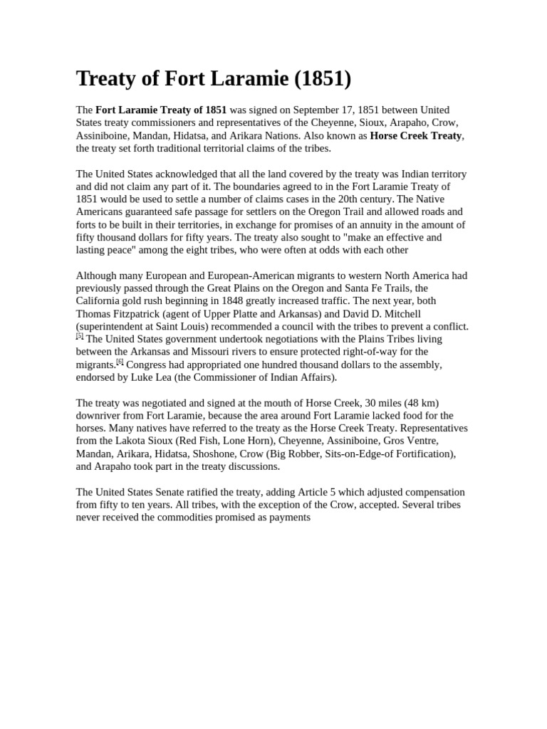 Fort Laramie Treaty of 1851 Overview | PDF