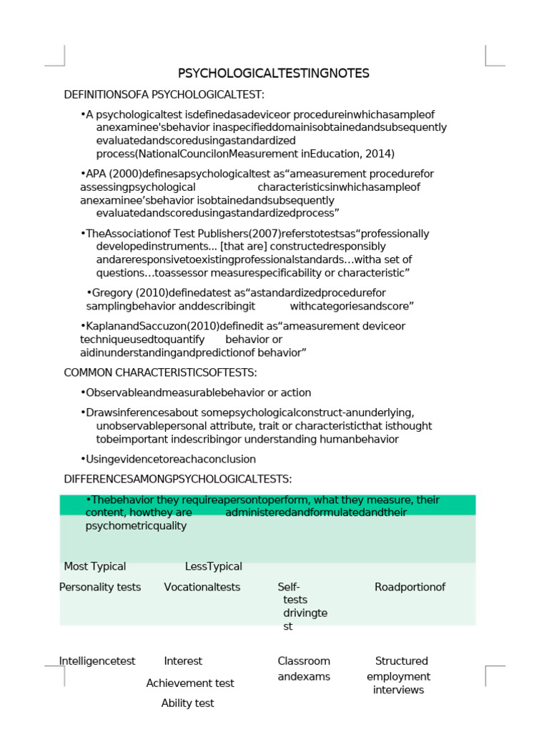 PSYCHOLOGICAL TESTING NOTES(1) | PDF | Cognition | Psychological Concepts
