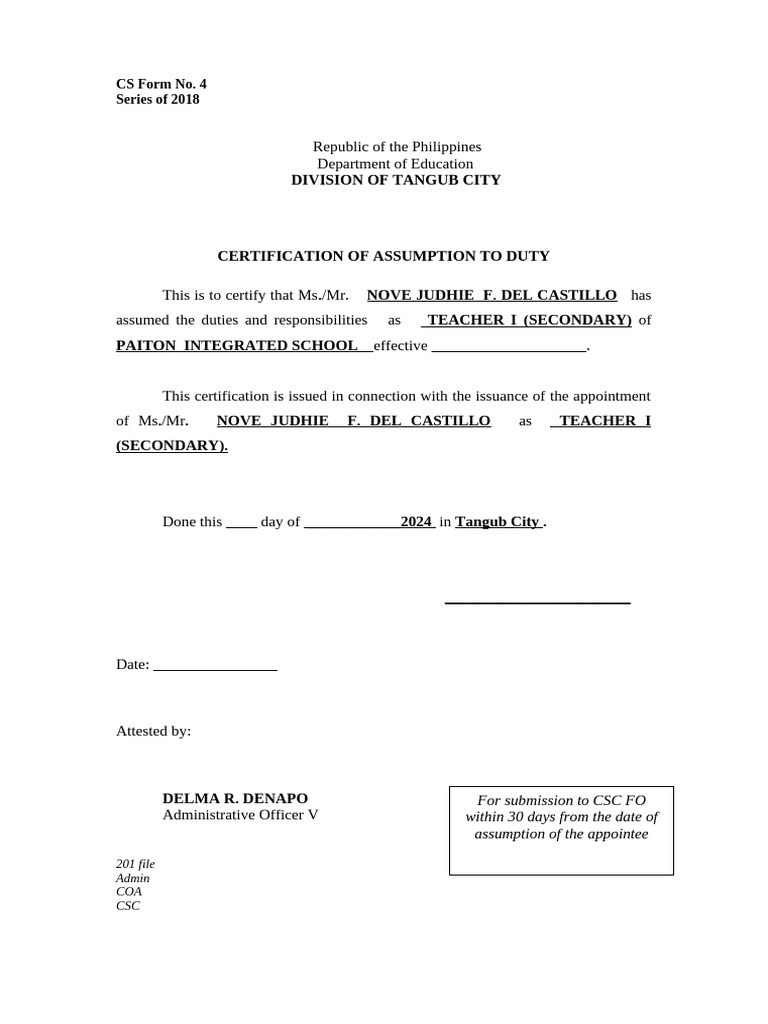 Certification of Teacher Assumption Duty | PDF