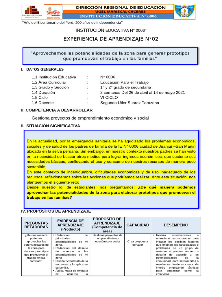 EXPERIENCIA DE APRENDIZAJE 2 EPT 1 Y 2°grado | PDF | Iniciativa empresarial | Aprendizaje