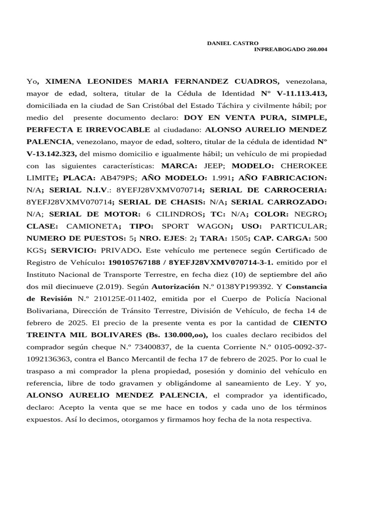 Compra Venta Cherokee 1991 | PDF
