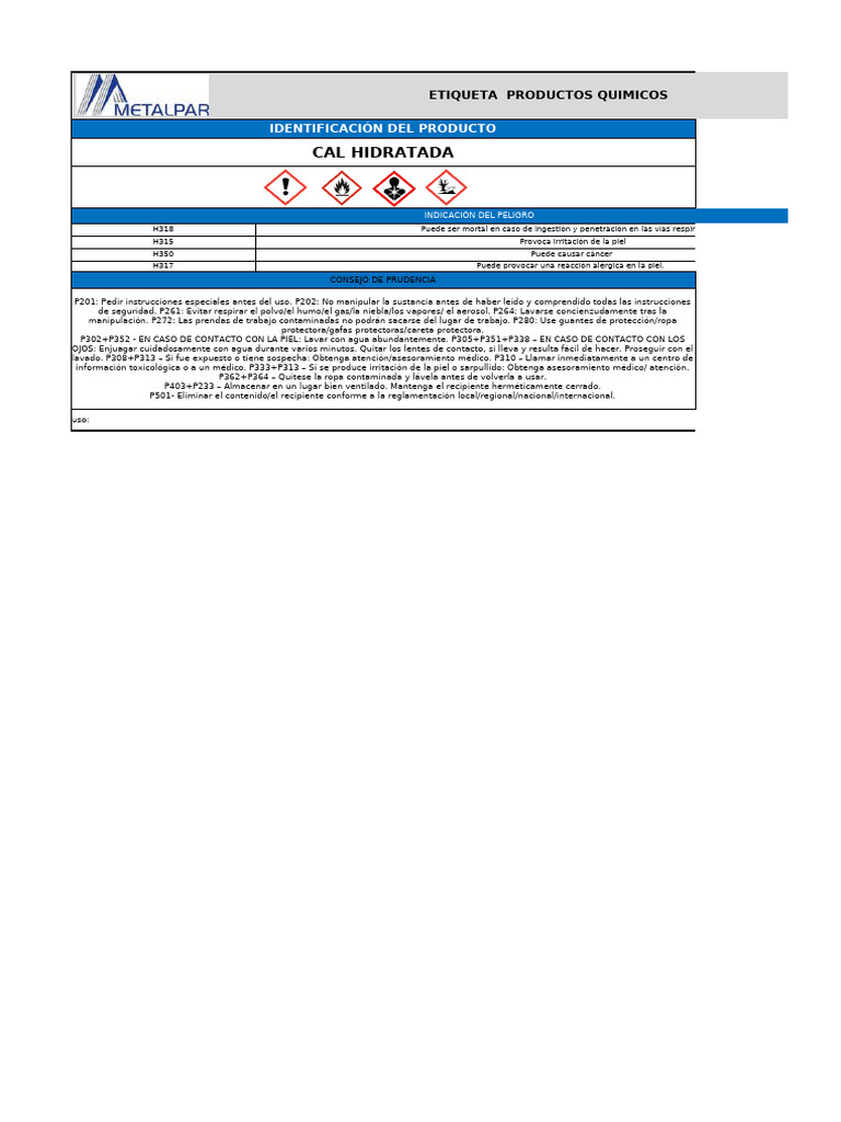 1. ETIQUETAS CAL HIDRATADA ARGOS | PDF