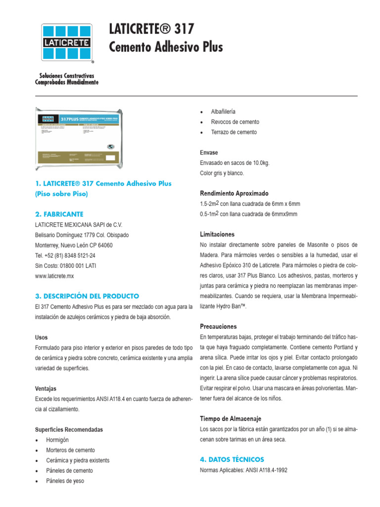 LATICRETE 317: Cemento Adhesivo Plus | PDF | Cemento | Mortero ...
