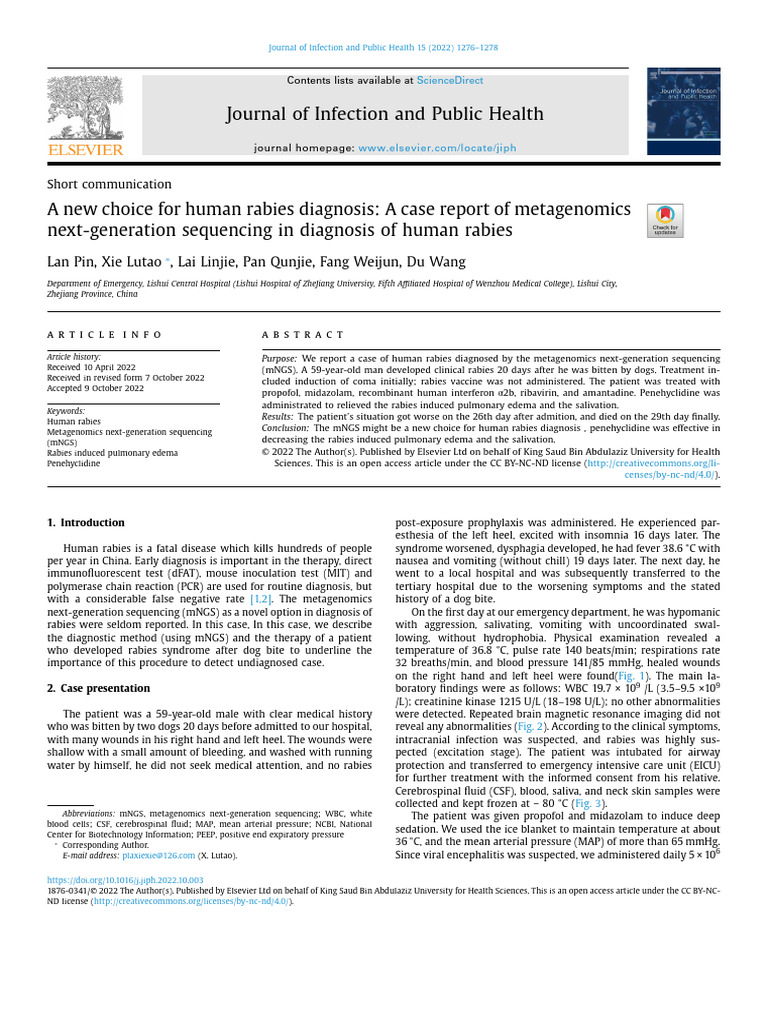 A New Choice For Human Rabies Diagnosis A Case Reort of Metagenomics ...