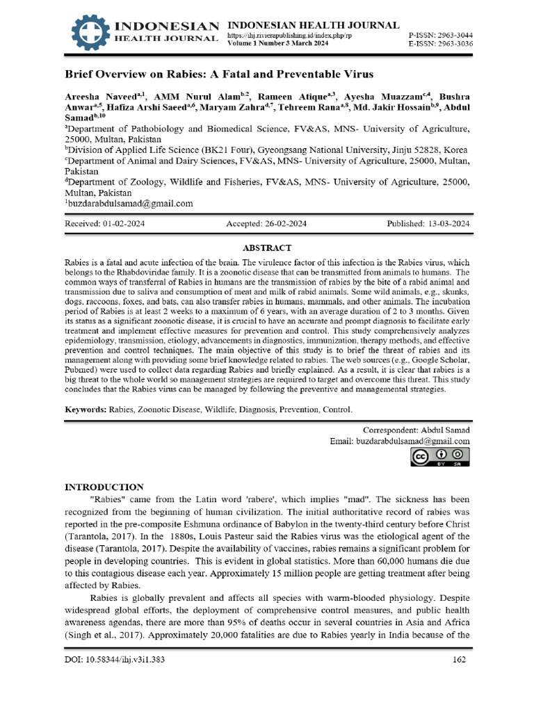 Brief Overview On Rabies A Fatal and Preventable Virus | PDF