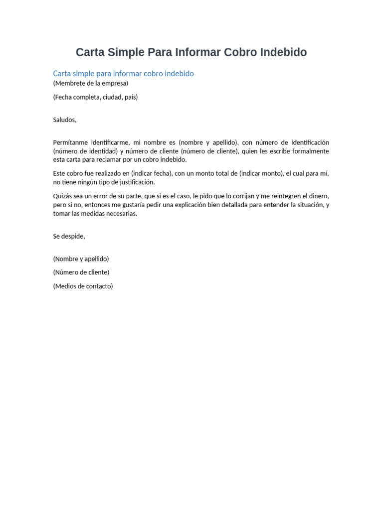 Carta Simple para Informar Cobro Indebido | PDF