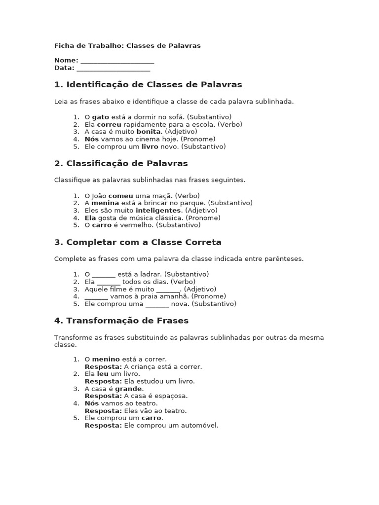 Ficha de Trabalho-CLASSES DE PALAVRAS | PDF