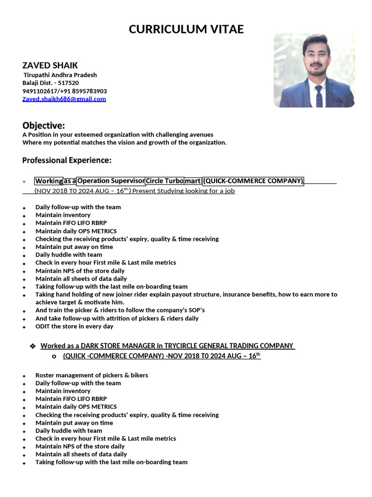 Curriculum Zaved Shaik A | PDF