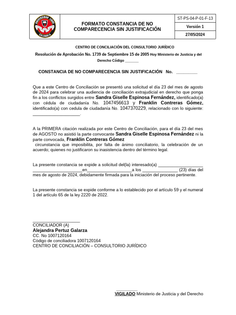 ACTA DE NO COMPARECENCIA SANDRA | PDF