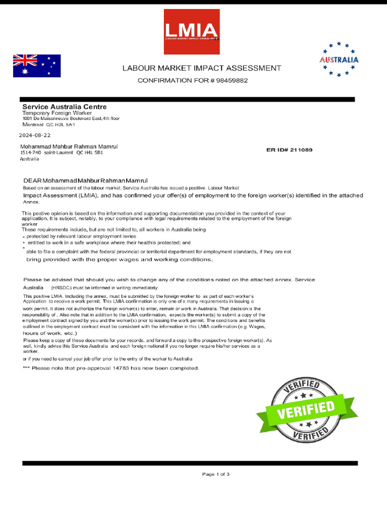 Mohammad Mahbur Rahman Mamrul LMIA | PDF