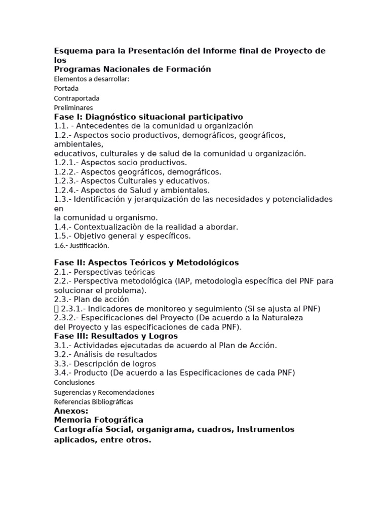 Esquema para La Presentación Del Informe Final de Proyecto de Los | PDF