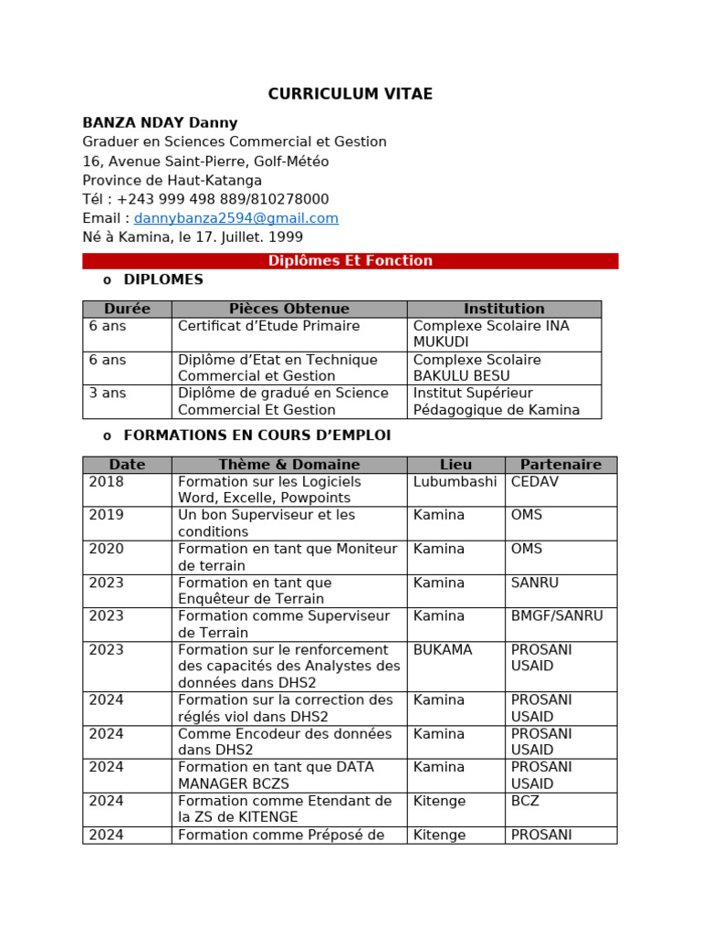 CV de Danny Banza Nday | PDF | Informatique | Logiciel