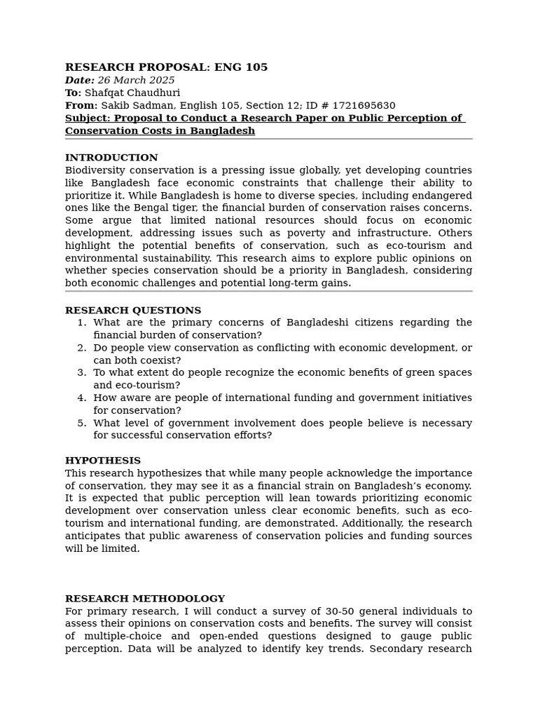 Research Proposal Eng 105 Revised | PDF | Conservation Biology | Bangladesh