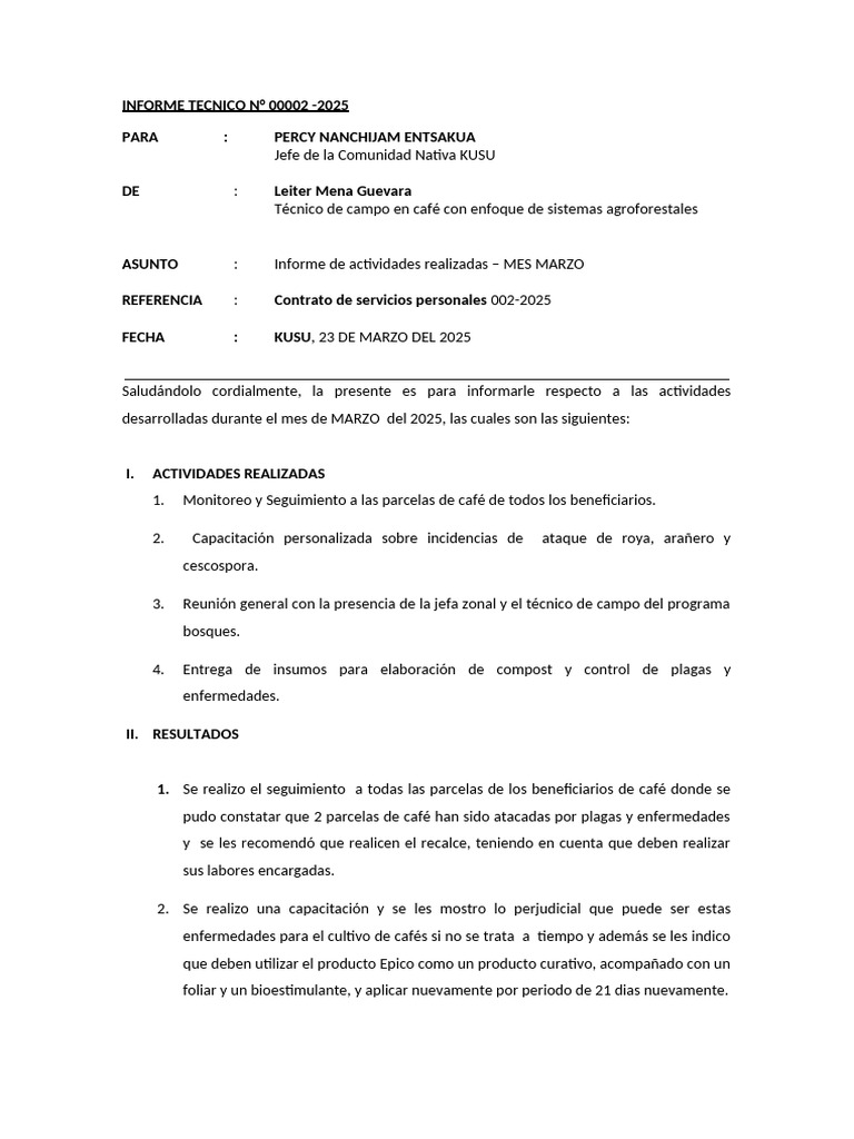 Informe Kusu Marzo Del 2025 Corregido | PDF | Agricultura | café