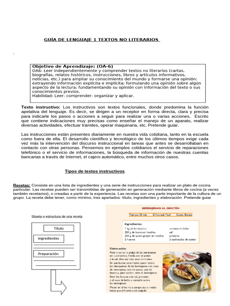 Guía de Lenguaje Textos Instructivos | PDF | Receta | Cognición
