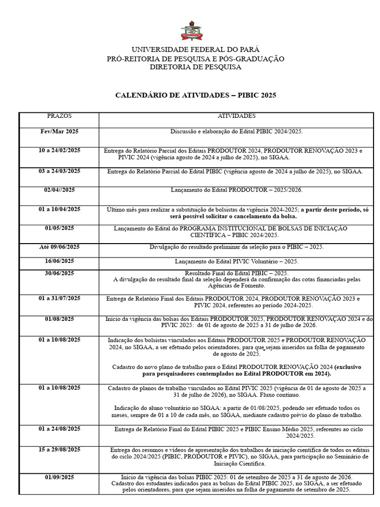 Calendário PIBIC 2025 - UFPA | PDF