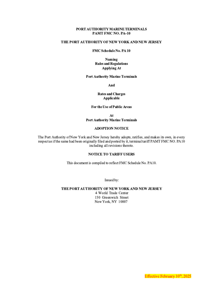 Port Authority Marine Terminal Tariff F... A 10 (Effective February 10 ...