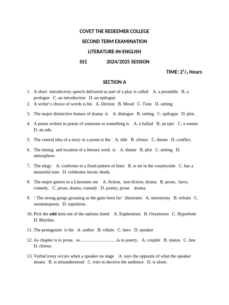 Seond Term SS1 Lit 2025 | PDF | Poetry | Phonaesthetics