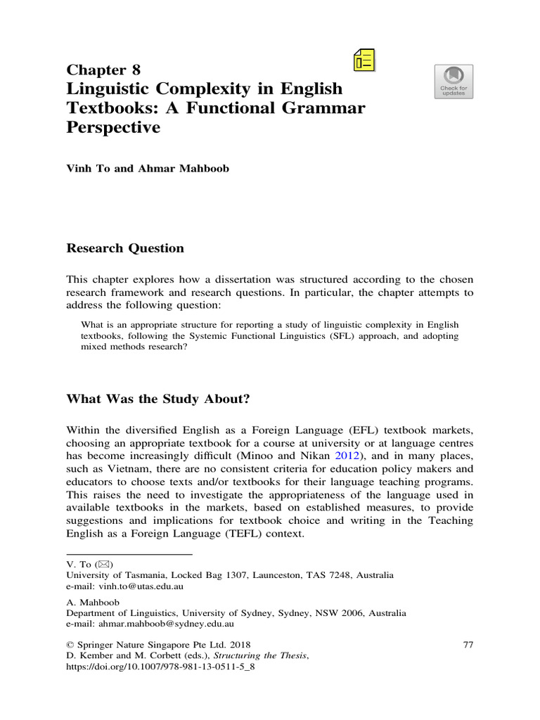 Ch8 To, V., & Mahboob, A. (2018). Linguistic Complexity in English Textbooks_in_Structuring the ...