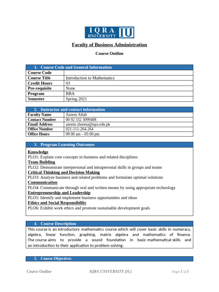 BBA- Introduction to Mathematics Course Outline NEW (31 Dec 2020) | PDF ...