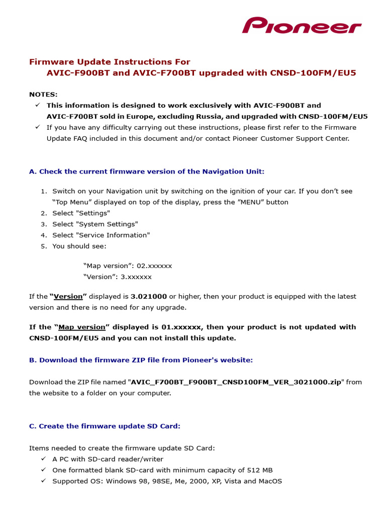 Avic-F900bt 700bt cnsd100fm Update Instruction Pee Ver3021000 | PDF ...