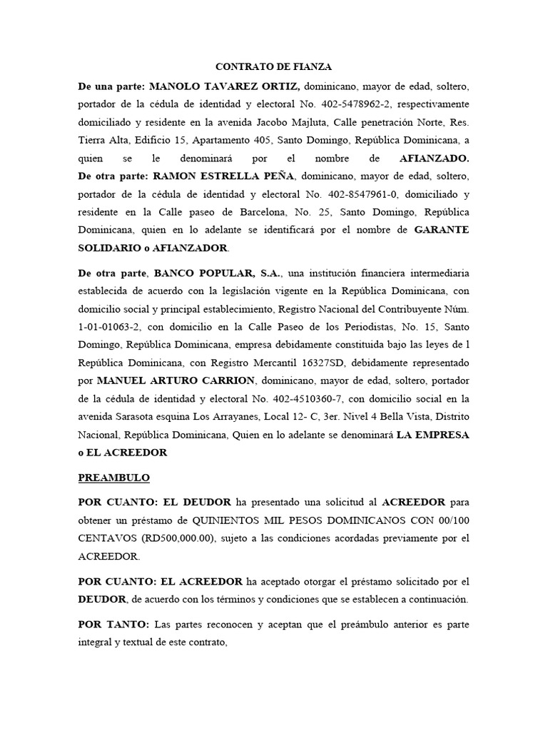 Contrato de Fianza | PDF | Pagos | República Dominicana