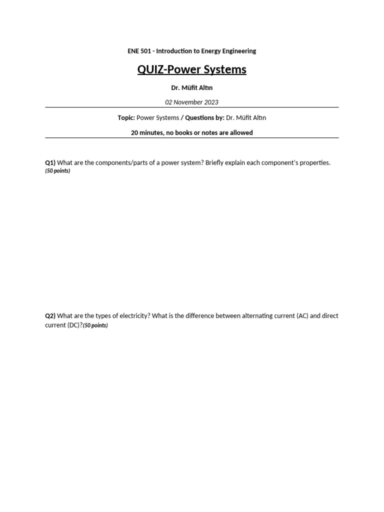 Quiz Power Systems ENE501 | PDF
