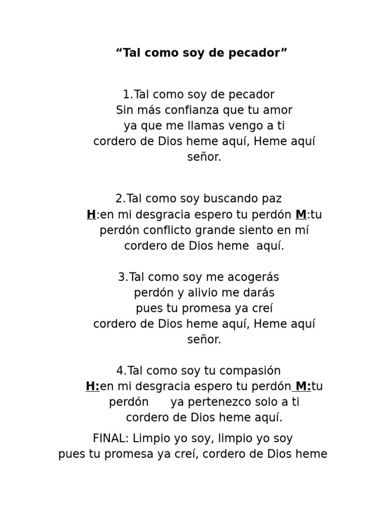 Tal Como Soy de Pecador LETRA | PDF