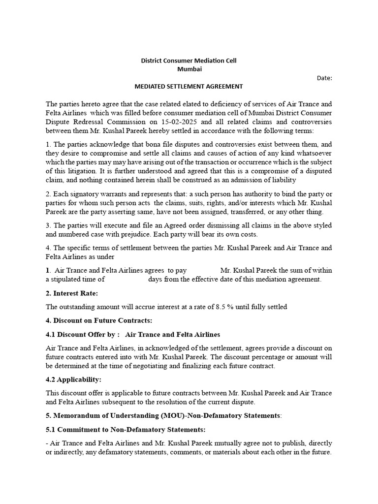 Medaition settlement agreement | PDF | Mediation | Settlement (Litigation)