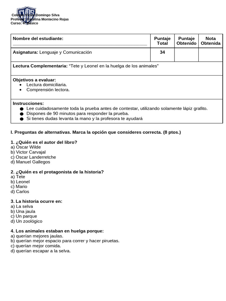 Prueba Tete y Leonel y La Huelga de Los Animales | PDF