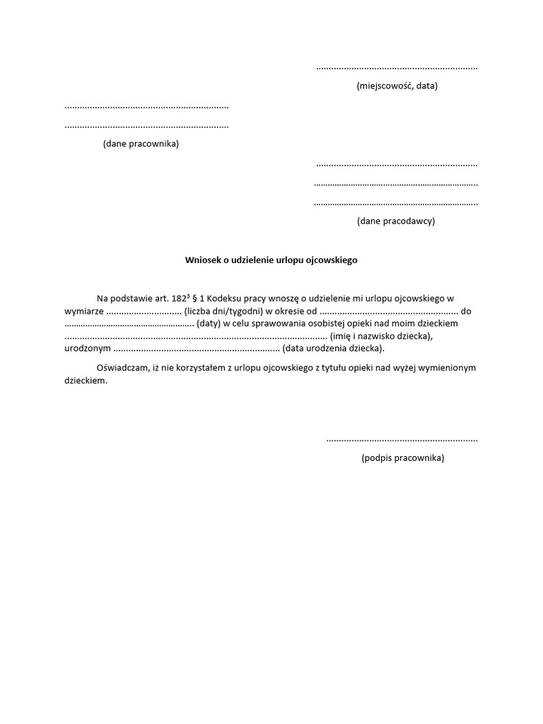 Wniosek o Urlop Ojcowski Wzor 37994990 | PDF