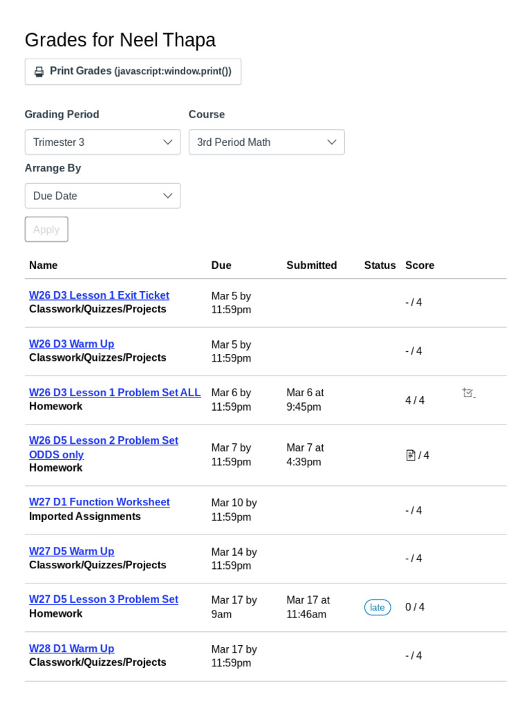Grades For Neel Thapa - Math 8th-PP3 (10 - 40 AM - 12 - 20 PM) - Powell | PDF | Teaching | Quiz ...