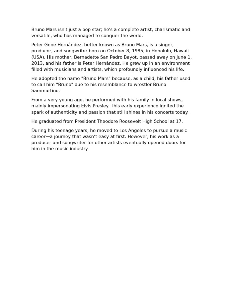 Bruno Mars: Life and Early Career | PDF