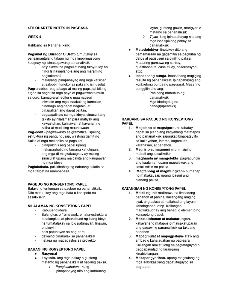 4th Quarter Notes in Pagbasa | PDF