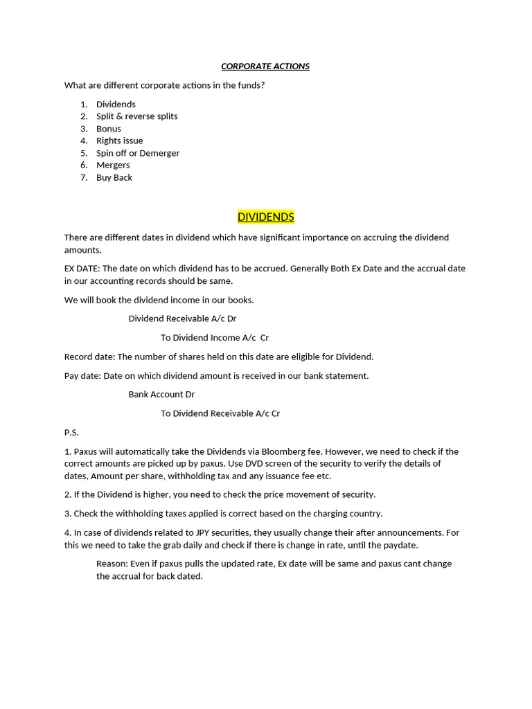Understanding Corporate Actions and Dividends | PDF