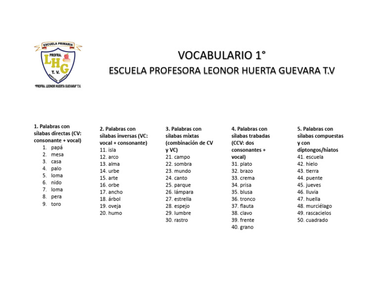 Vocabulario 1 Grado | PDF