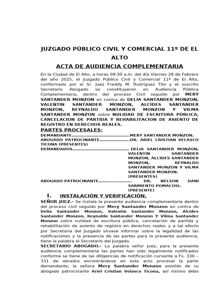 Acta Audiencia Complementaria Santander Santander | PDF | Demanda judicial | Ley Pública