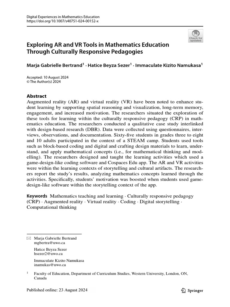 Exploring AR and VR Tools in Mathematics Education Through Culturally ...