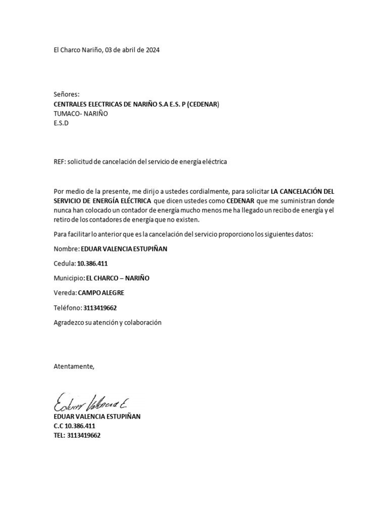 Solicitud de Cancelacion Servicio de Energia Eduar Valencia | PDF