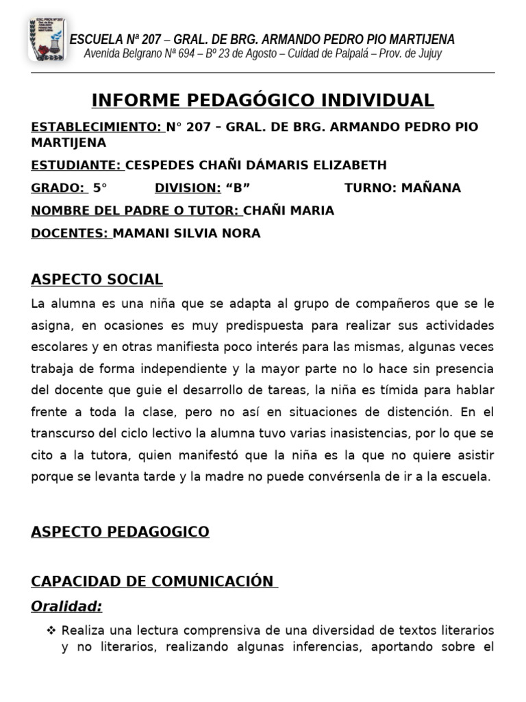Informe Pedagogico 24 Cespedes | PDF
