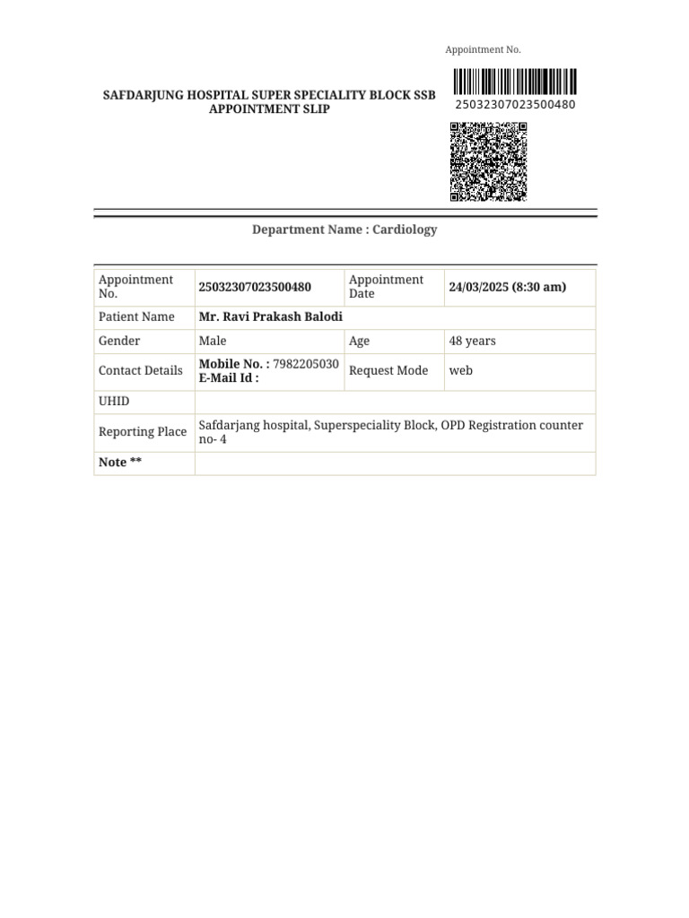 Safdarjung Hospital Cardiology Appointment | PDF