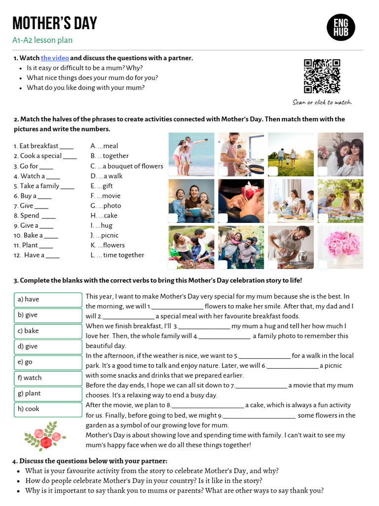 A1-A2 Mothers Day Mini-Lesson A4 Worksheet SV | PDF | Meal