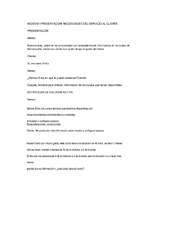 AA3 EV01 PresentaciOn Necesidades Del Servicio Al Cliente | PDF