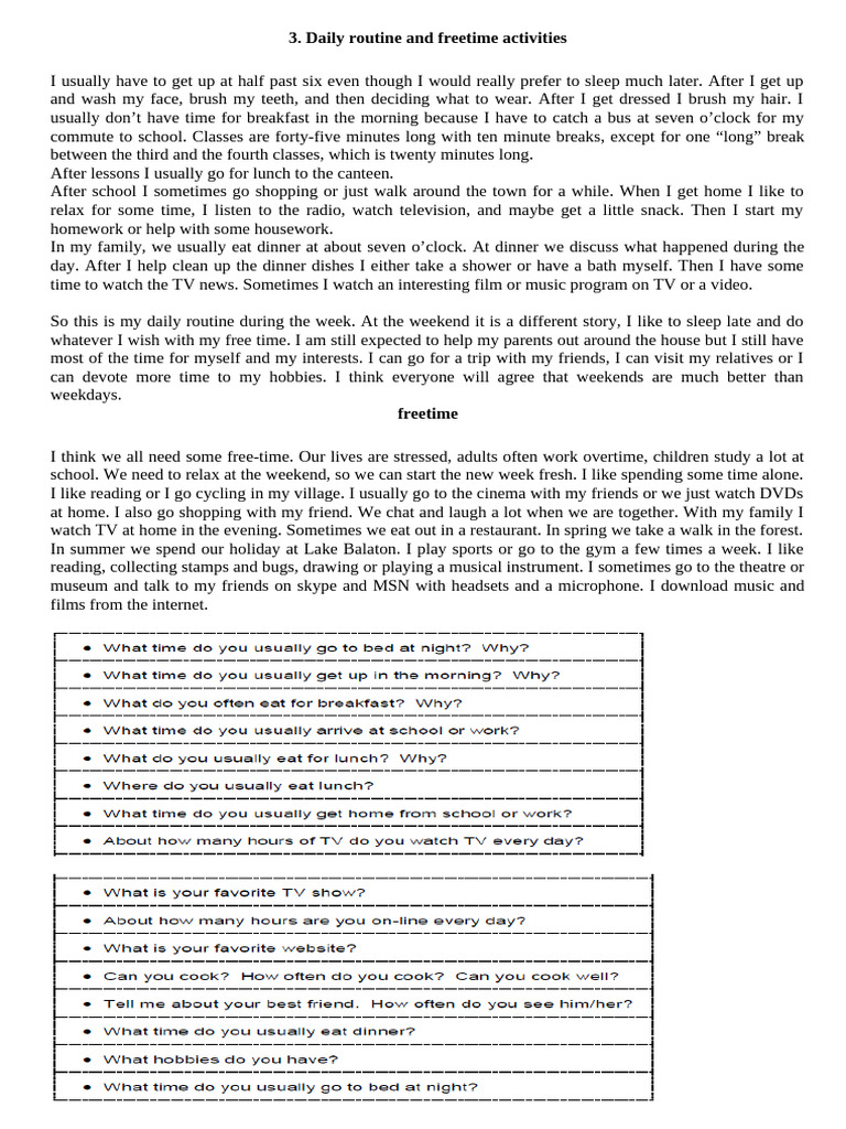 Daily Routine and Free Time Activities | PDF | Lunch