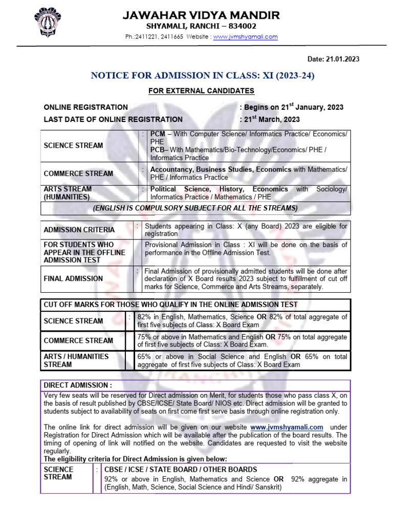 Notice For Admission in Class XI (2023-24) - 1 | PDF | Schools ...