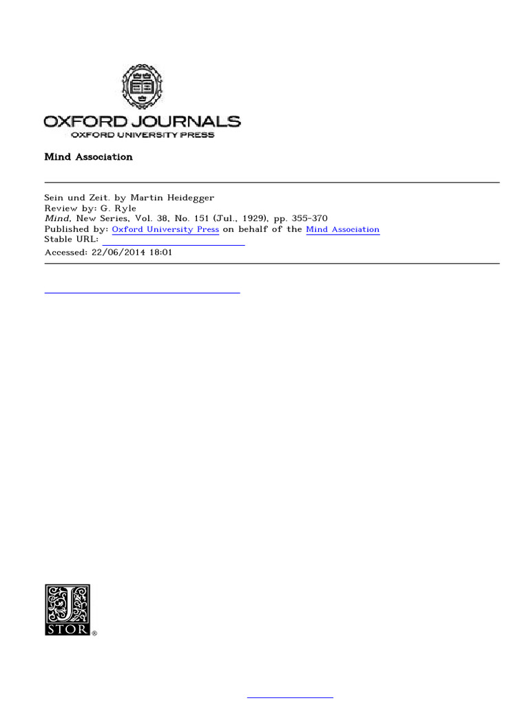 (Mind 1929-Jul Vol. 38 Iss. 151) Review by - G. Ryle - Sein Und Zeit - by Martin Heidegger (1929 ...
