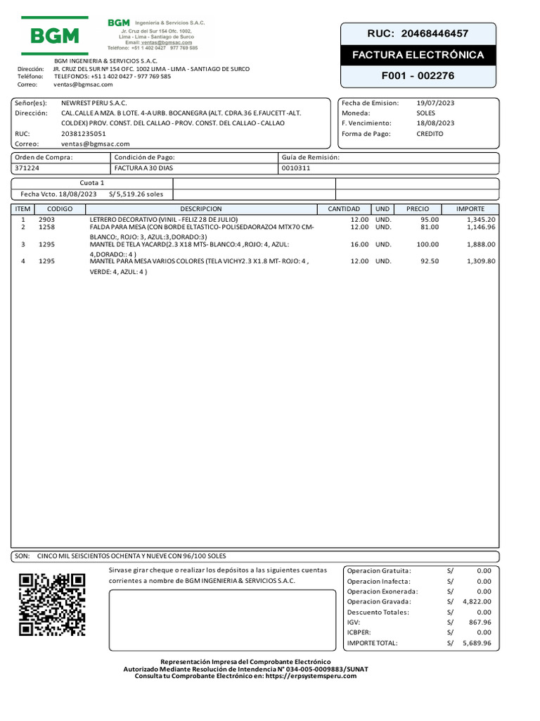Factura Electró Nica Factura Electró Nica: Ruc: RUC: 20468446457 20468446457 | PDF | Tecnología ...