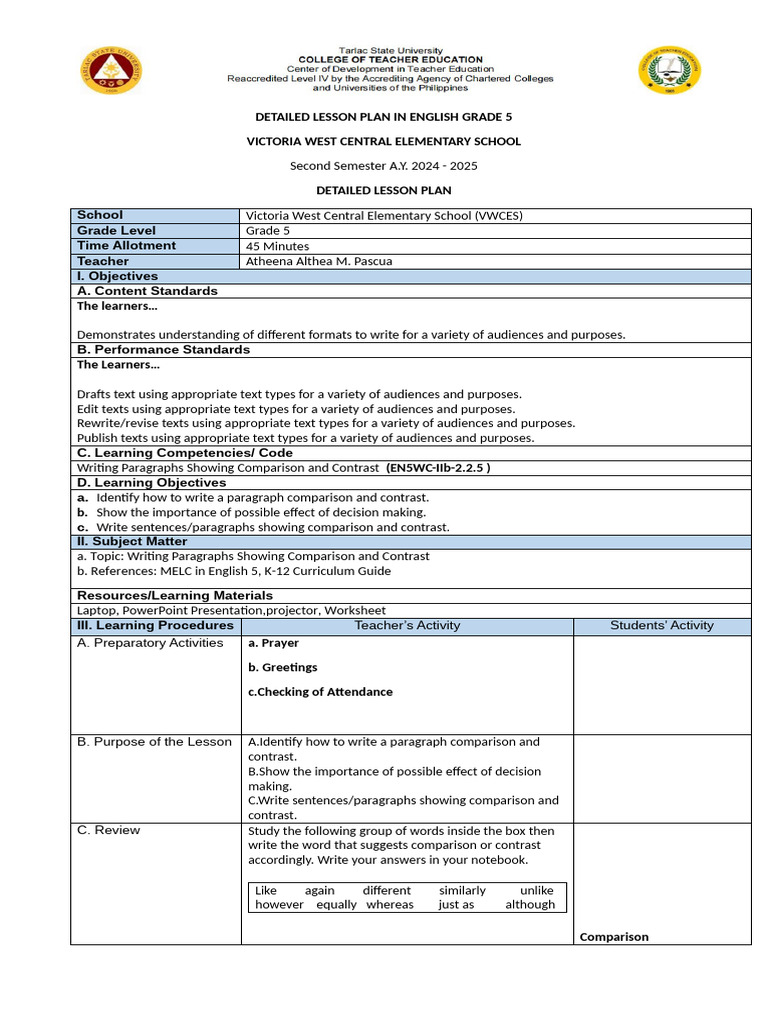 Writing Comparison and Contrast in English | PDF | Cats | Lesson Plan